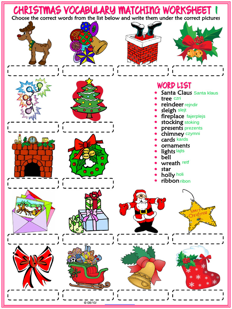 christmas vocabulary esl matching exercise worksheets for kids-plik ...