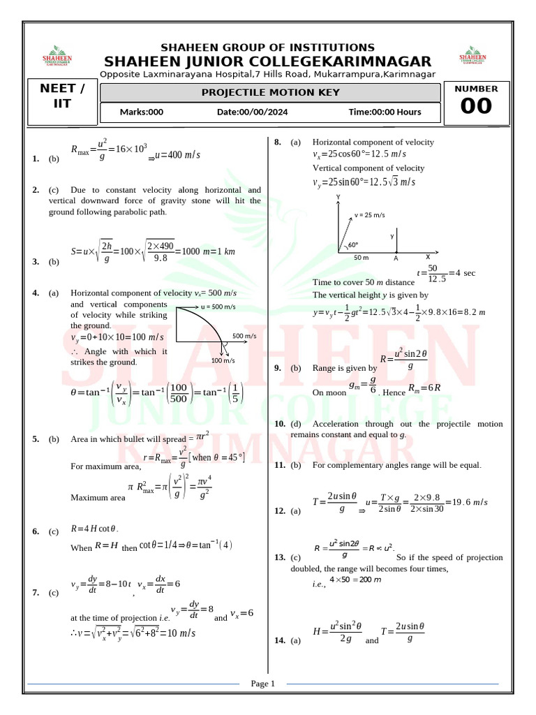 PROJECTILE MOTION KEY | PDF | Acceleration | Applied And Interdisciplinary Physics