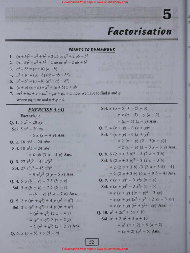 ICSE Class 9 Maths Arun Chapter 05 Factorisation | PDF