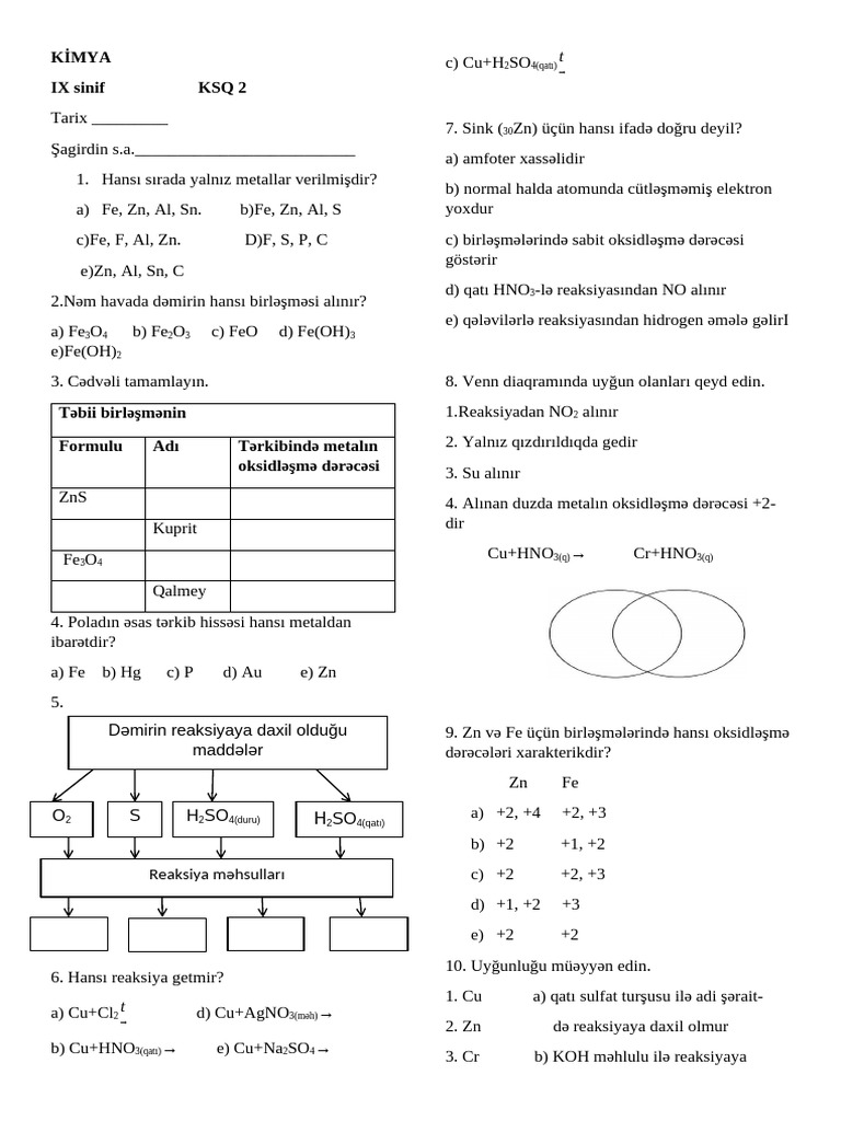 9 KİMYA KSQ 2 (yeni) Günay müəllim | PDF
