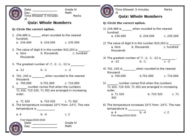 Whole Numbers Quiz 2019 | PDF