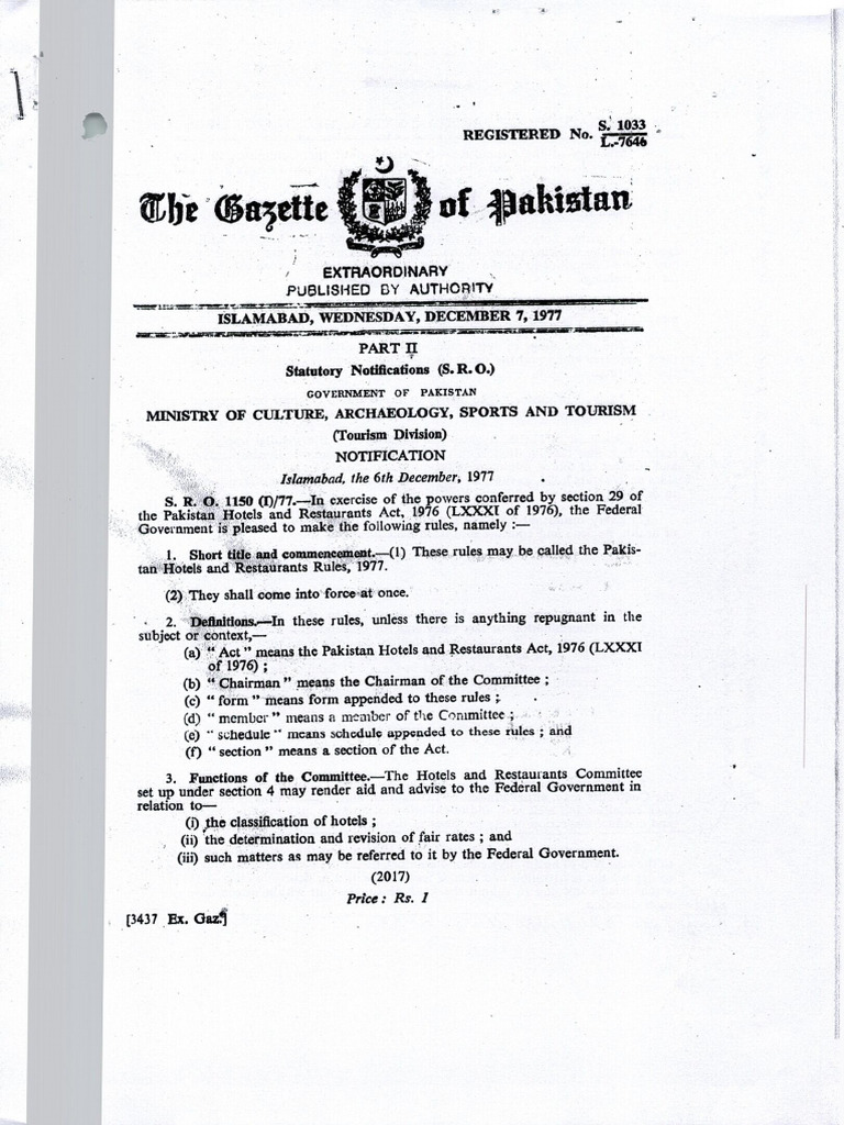 The Pakistan Hotels and Restaurants Rules 1977 | PDF
