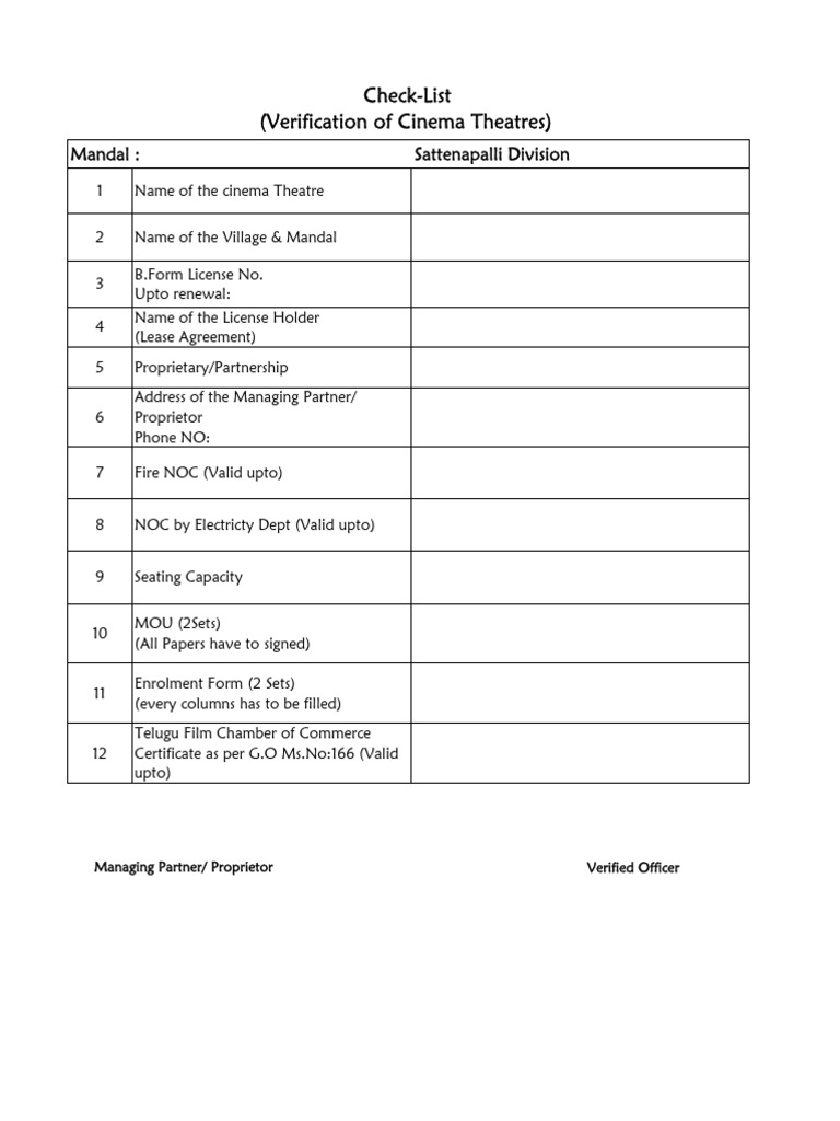 Cinema Theatre Verification Checklist | PDF