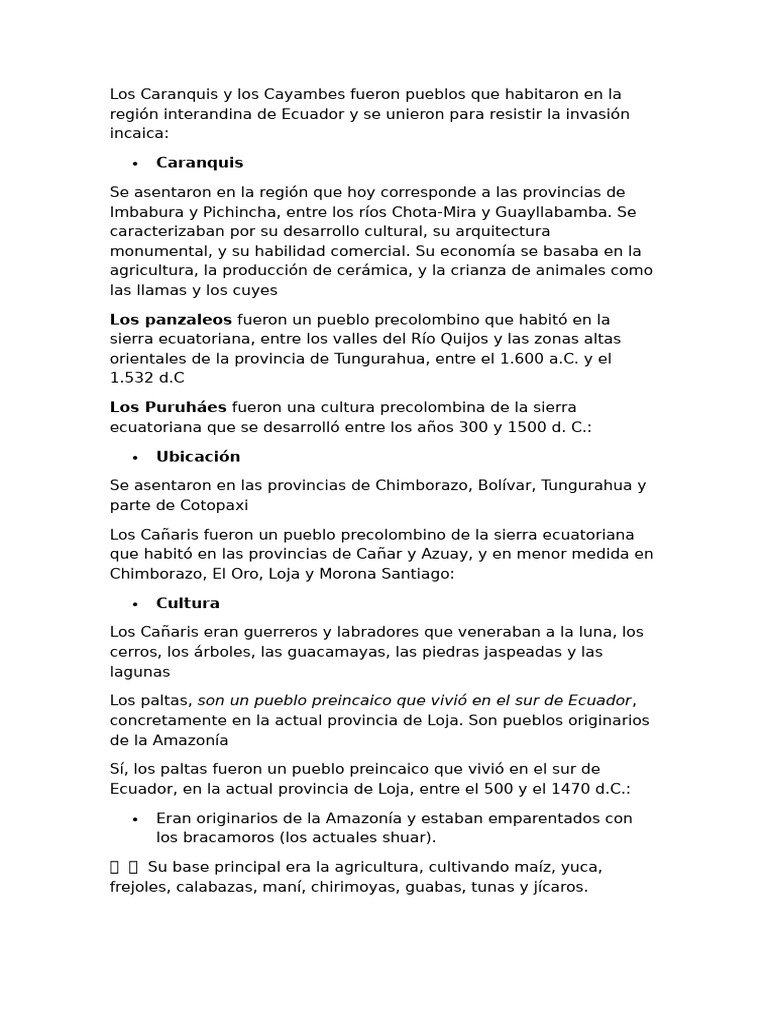 Los Caranquis y Los Cayambes Fueron Pueblos Que Habitaron en La Región ...