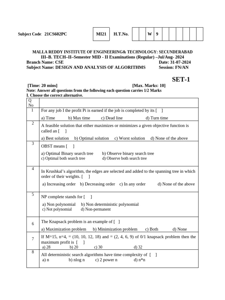 DAA CSE III- II MID-II Objective | PDF | Computational Complexity ...