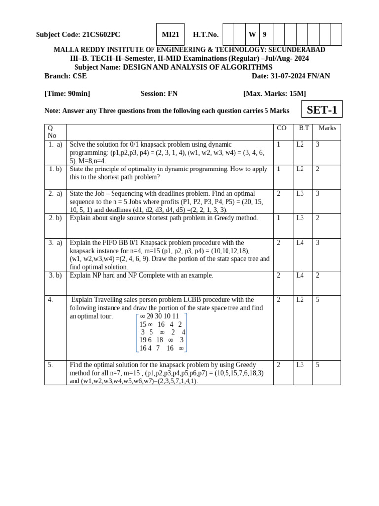 DAA CSE III-II MID-II Subjective | PDF | Computer Science | Graph Theory