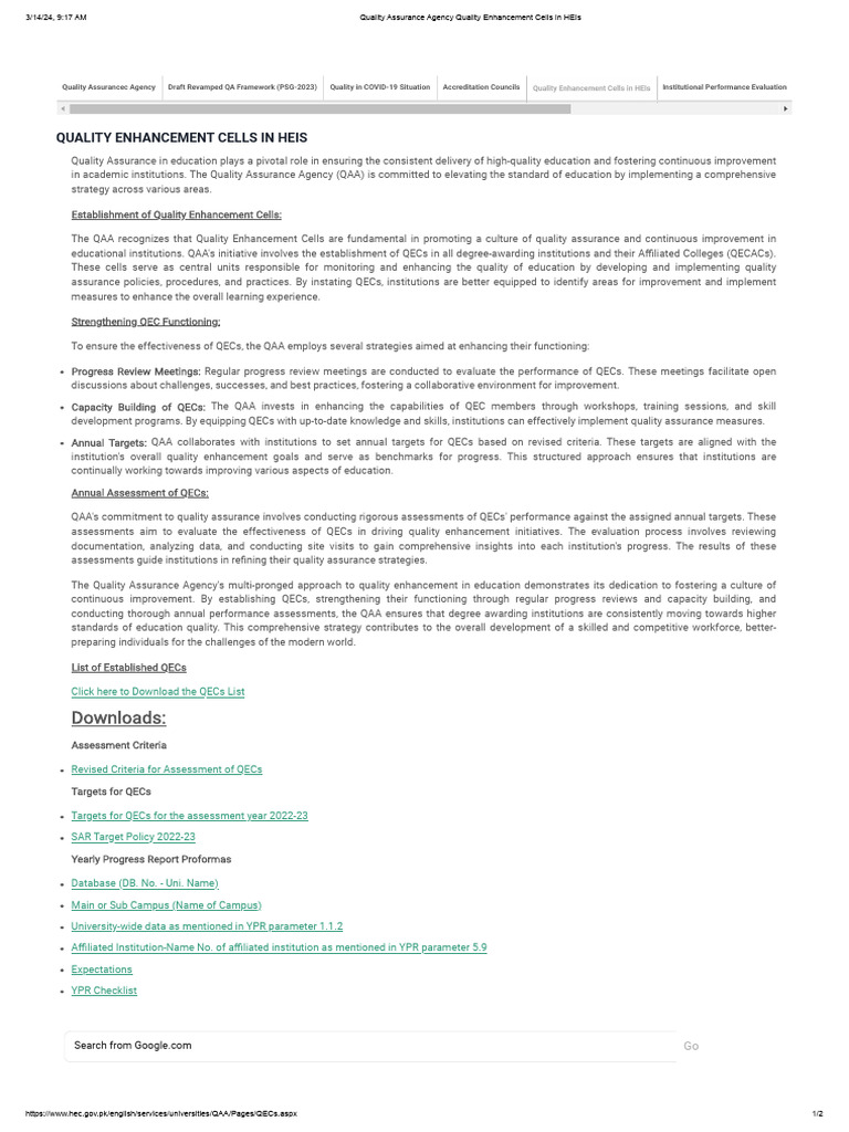 Quality Assurance Agency Quality Enhancement Cells in HEIs | PDF ...