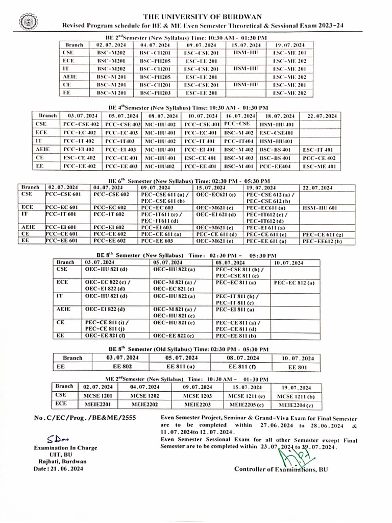 21-06-24-Revised Programme Schedule For BE and ME Even Sem Theoretical and Sessional Exam 2023 ...
