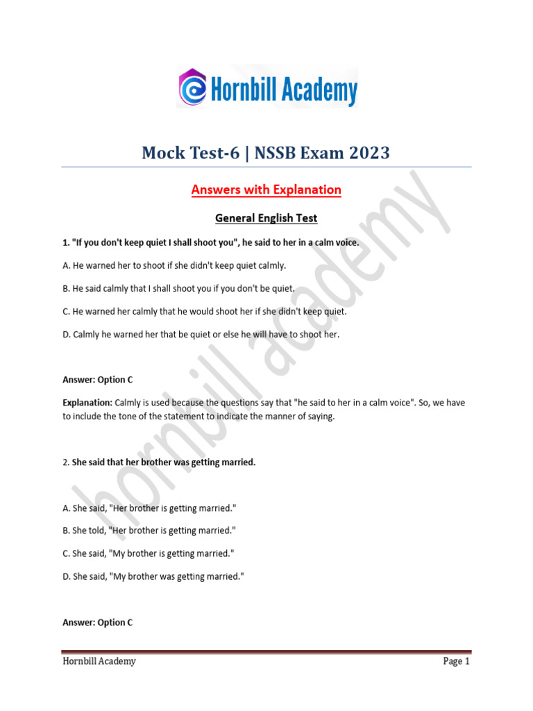 NSSB Exam 2023: General English Mock Test | PDF | Sentence (Linguistics ...