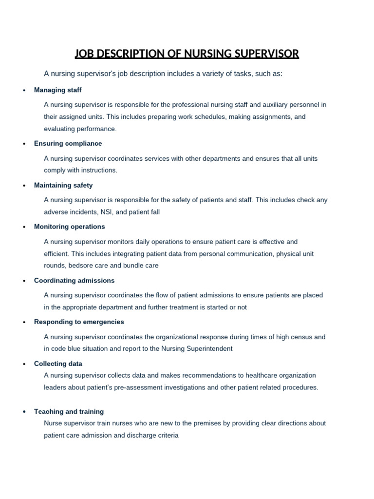 Nursing Supervisor Job Description | PDF