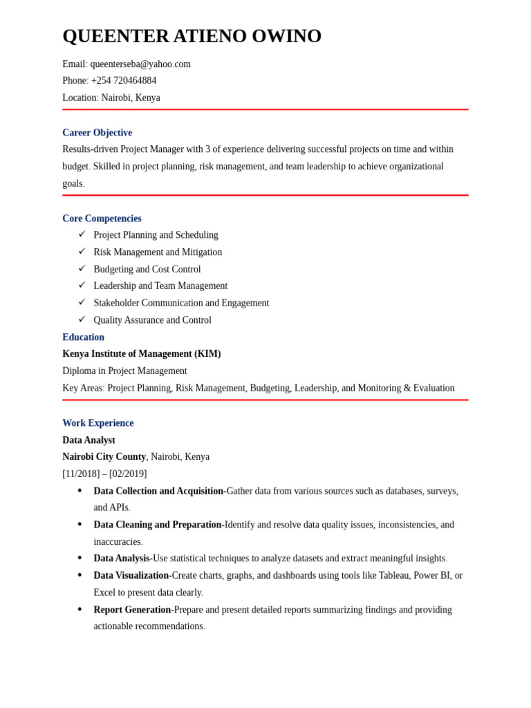 QUEENTER ATIENO CAREER CV | PDF | Data Analysis | Data