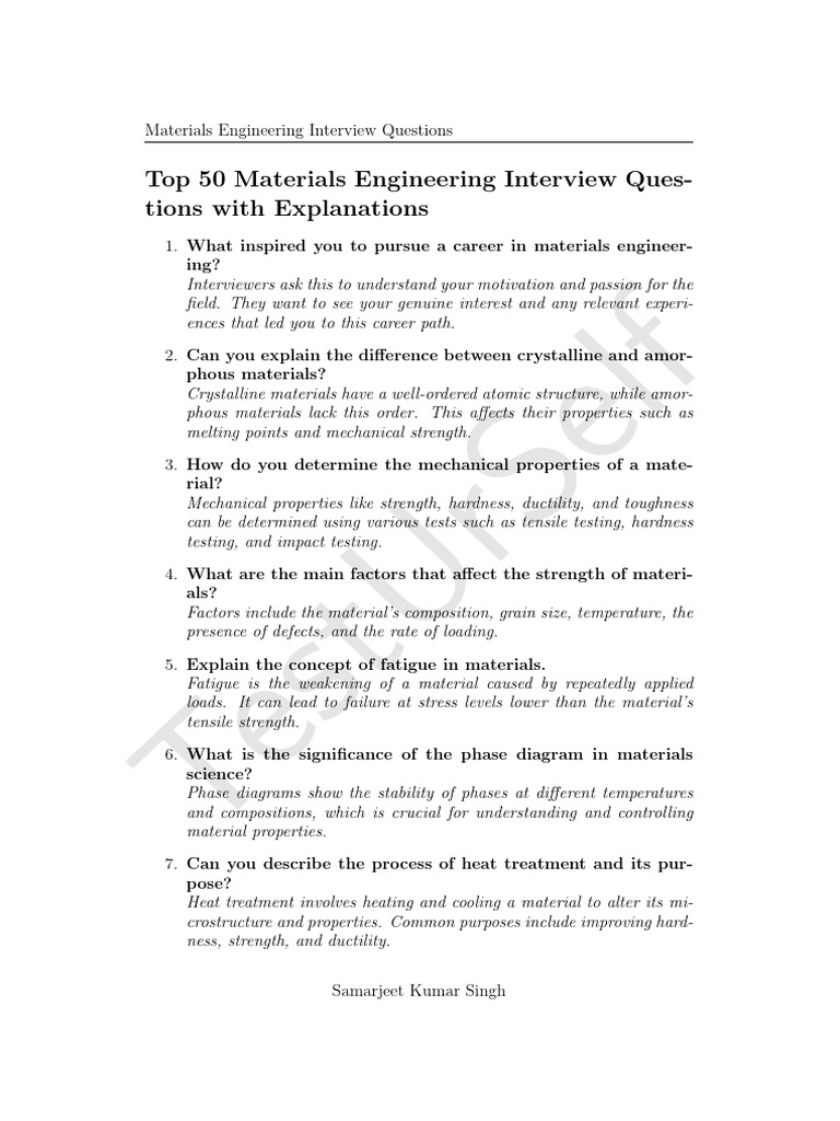 Top 50 Materials Engineering Interview Questions | PDF | Materials ...