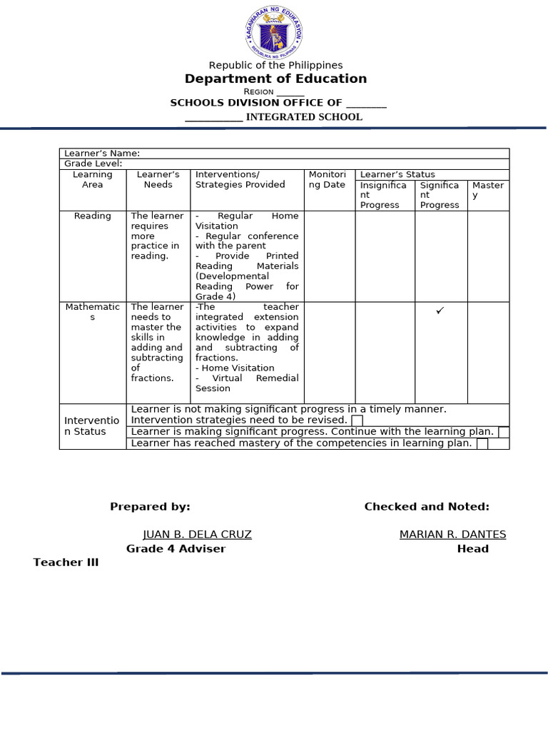 Grade 4 Individual Learning Plan | PDF | Learning | Reading Comprehension