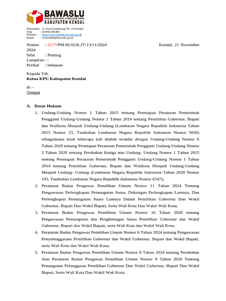 Imbauan Bawaslu Kendal untuk KPU 2024 | PDF