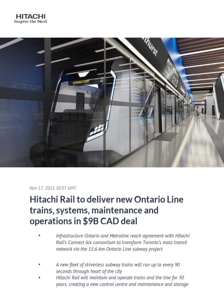 Hitachi Rail To Deliver New Ontario Line Trains, Systems, Maintenance ...