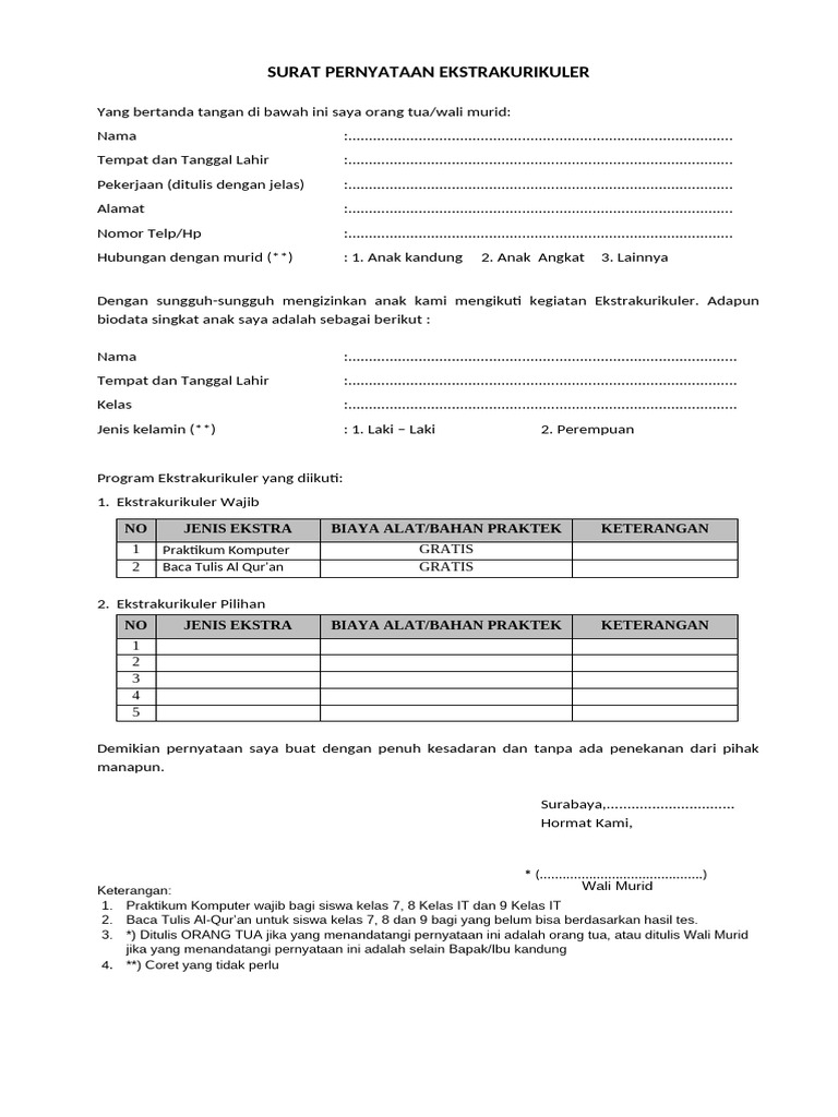 Surat Pernyataan Ekstra MTs - 2024-2025 | PDF