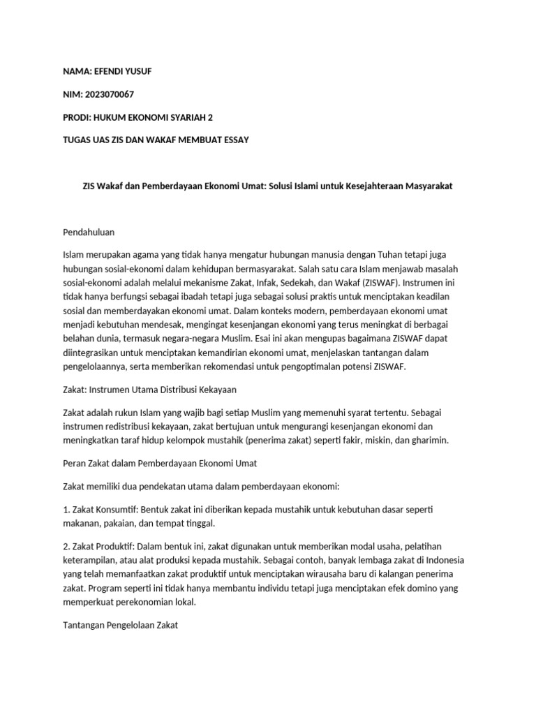 Uas Zis Dan Wakaf Efendi Yusuf Hes2 | PDF