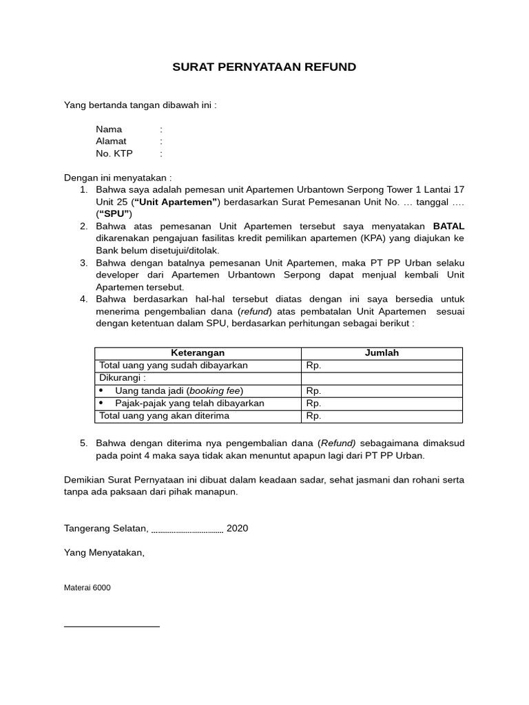 Draft Surat Pernyataan Refund | PDF