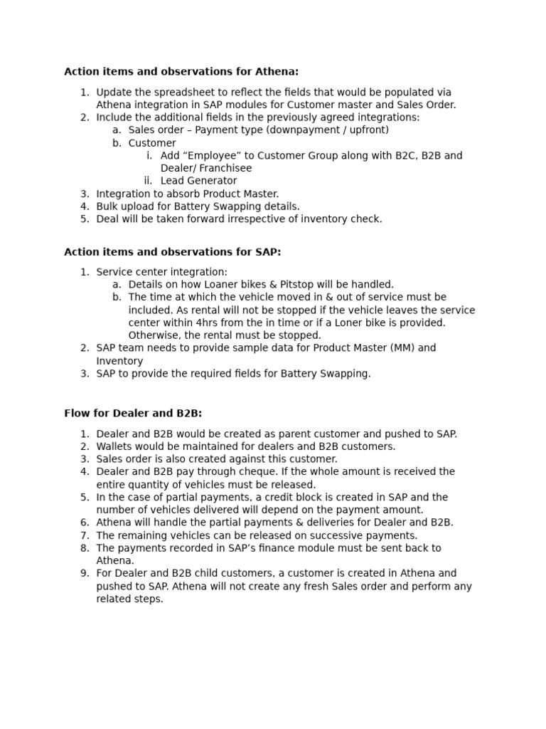 Athena-SAP Integration Action Items | PDF