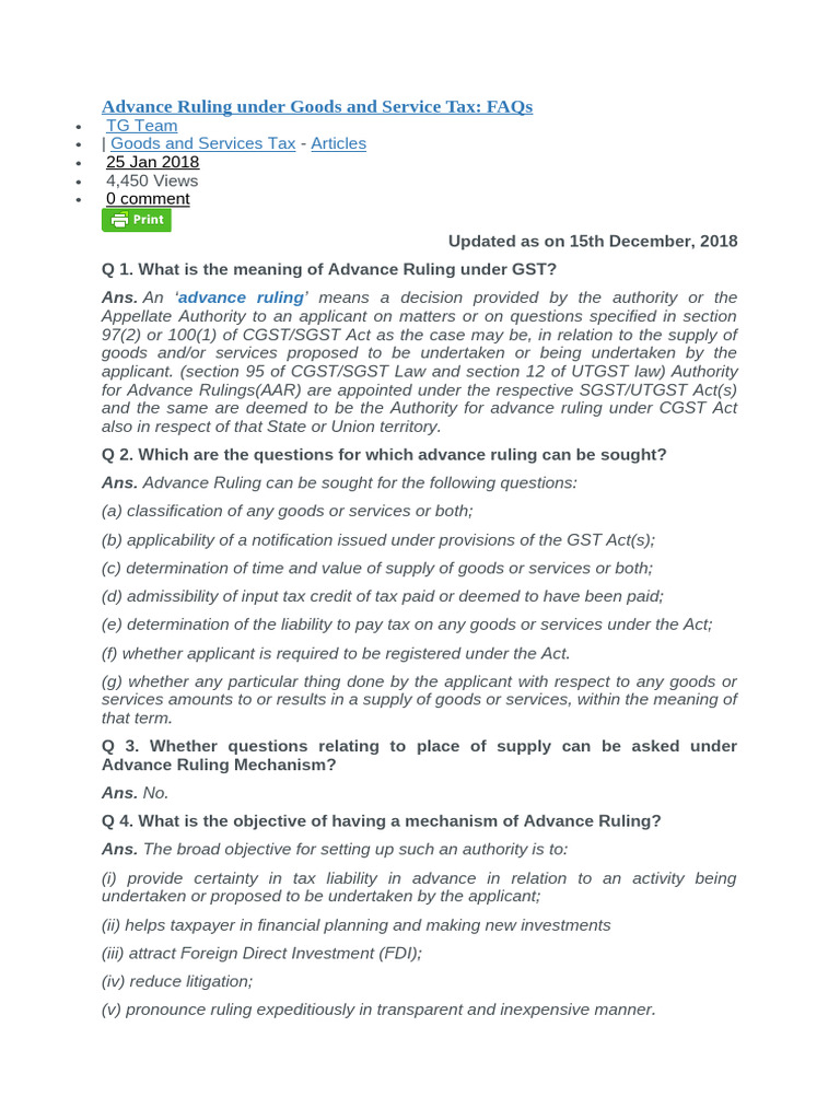 Advance Ruling under Goods and Service Tax FAQs | PDF | Appeal | Precedent