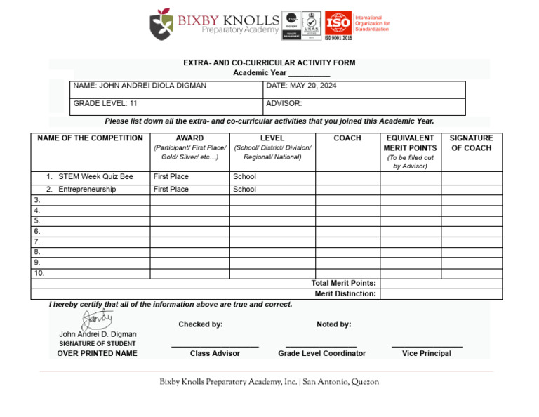 EXTRA AND CO CURRICULAR ACTIVITIES TEMPLATE | PDF