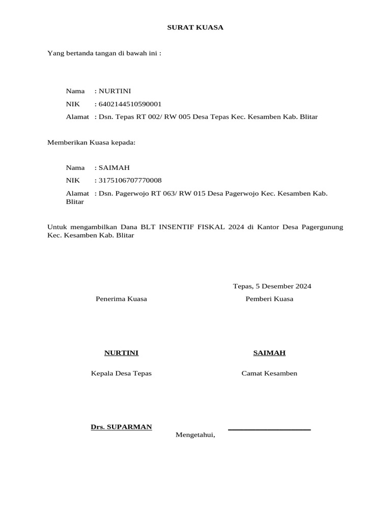 Surat Kuasa Pengambilan BLT | PDF