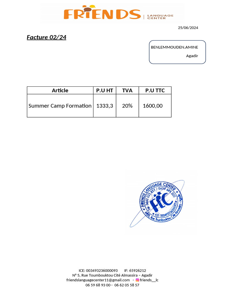 Summer Camp Invoice 02/24 - Agadir | PDF