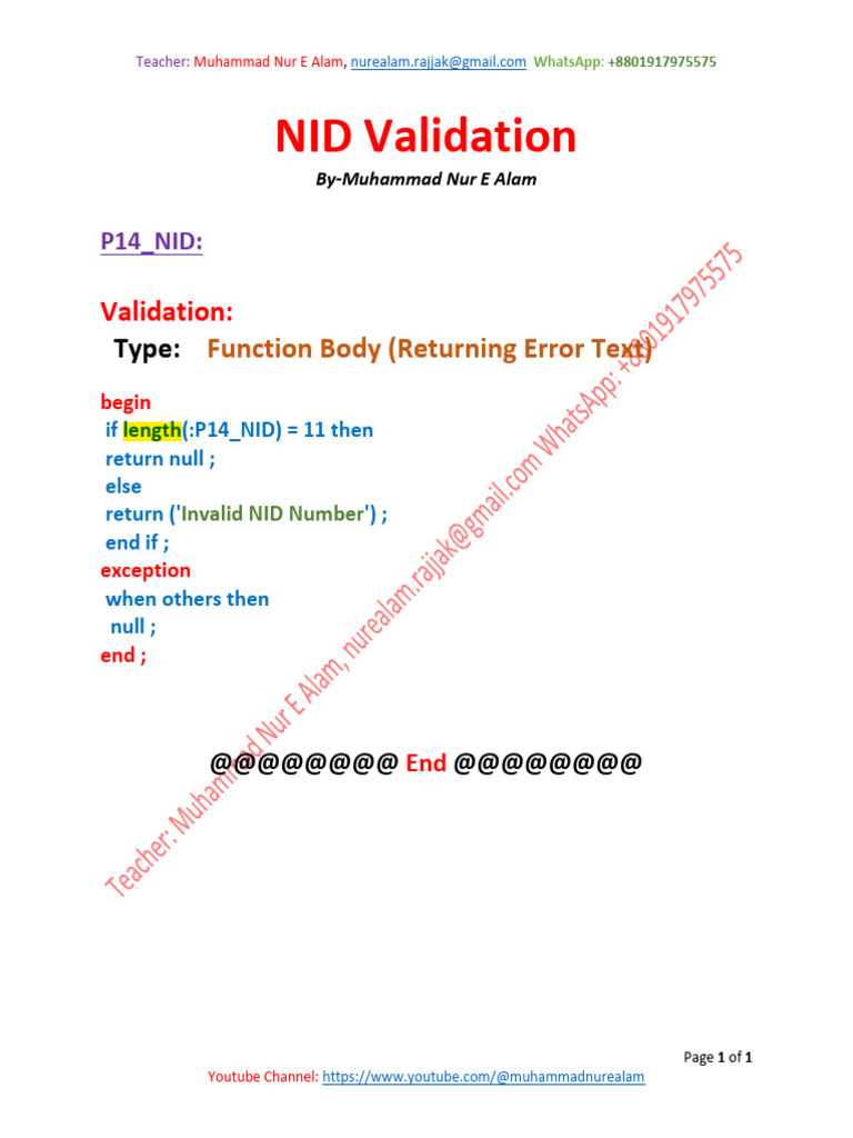 NID 11 Digit Validation for Apex From Muhammad Nur E Alam for DDD 60@IsDB BISEW(30 Mov 2024) | PDF