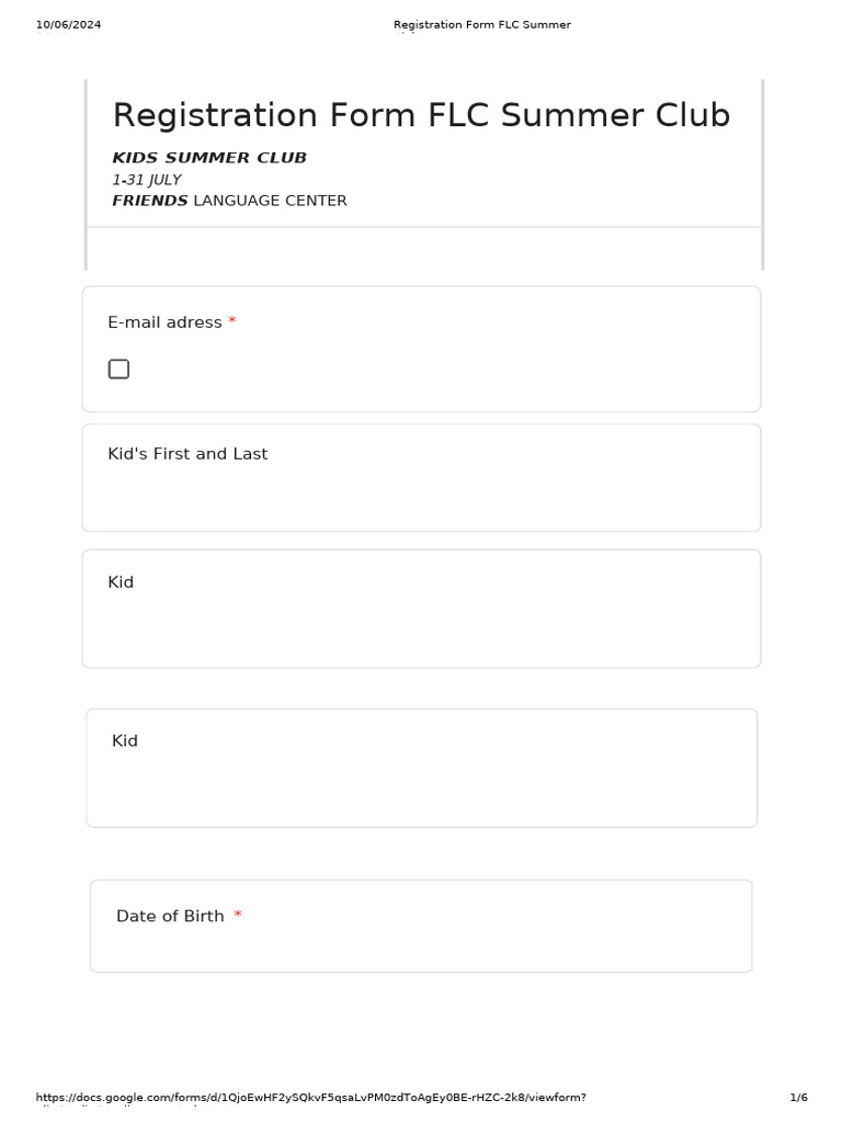 Registration Form FLC Summer Club | PDF | Gluten | Allergology