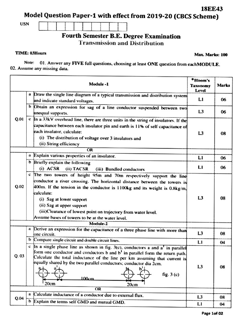 Transmission and Distribution Model Question Paper 1 | PDF