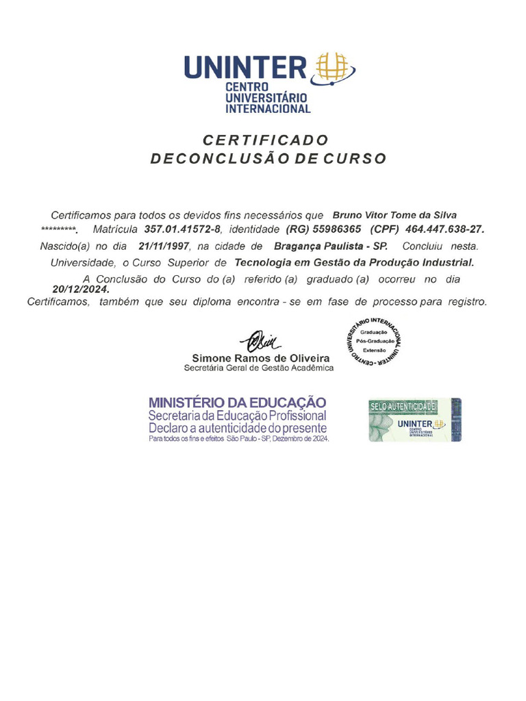 Certificado de Conclusão - Uninter | PDF
