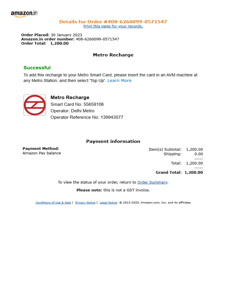 Metro Recharge Order Confirmation | PDF
