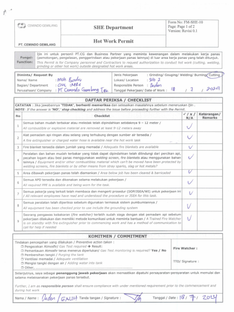 Hot Work Permit - Civil | PDF