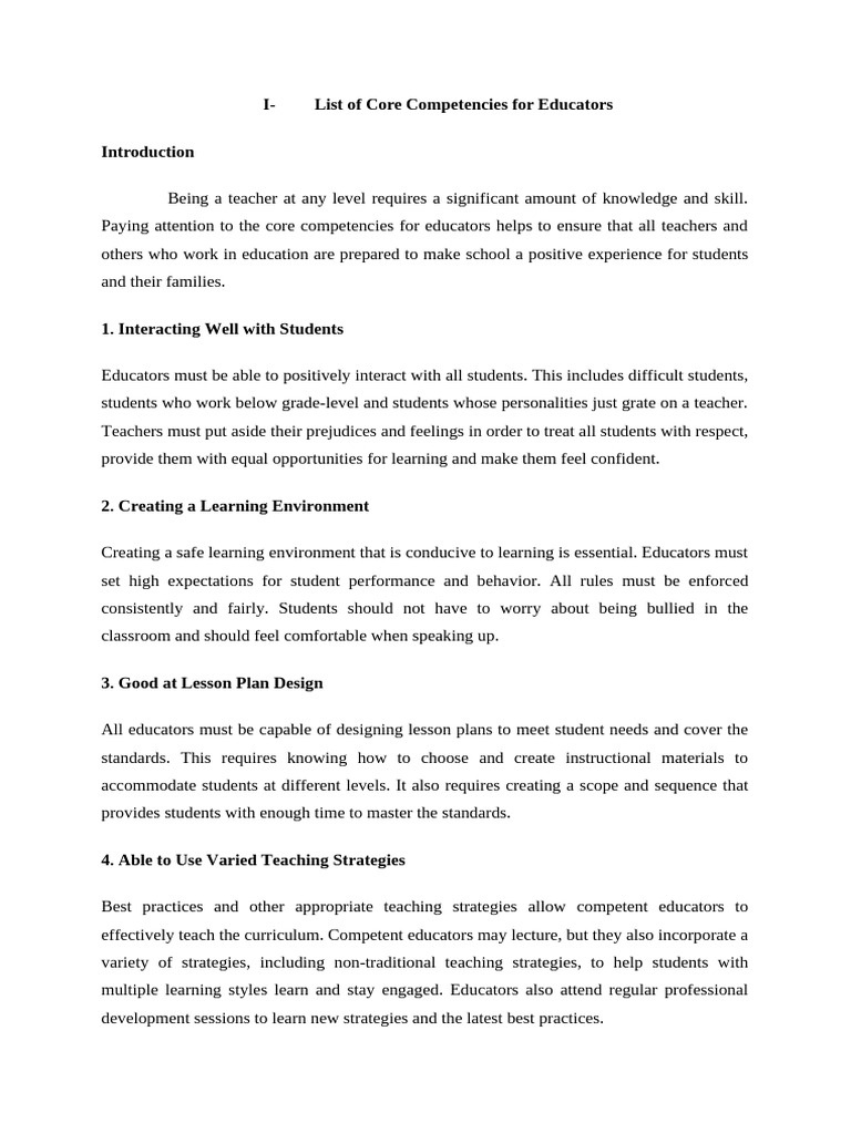 List of Core Competencies for Educator1 | PDF | Teachers | Learning