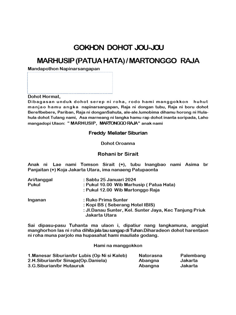 Undangan Marhusip Patuahata Marria raja Paranak | PDF