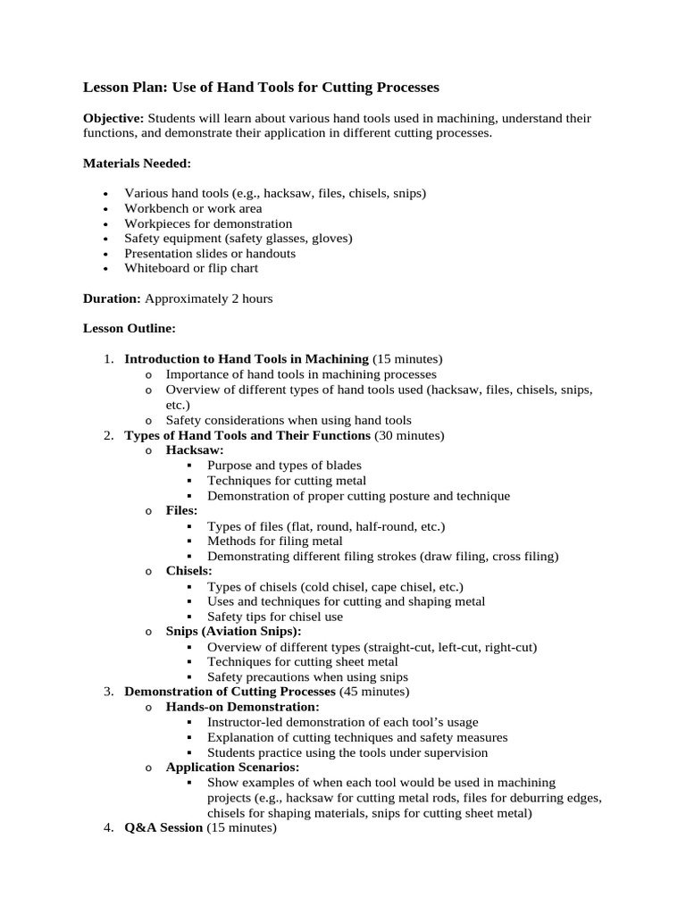 LP - Use of Hand Tools For Cutting Processes | PDF | Tools | Machining