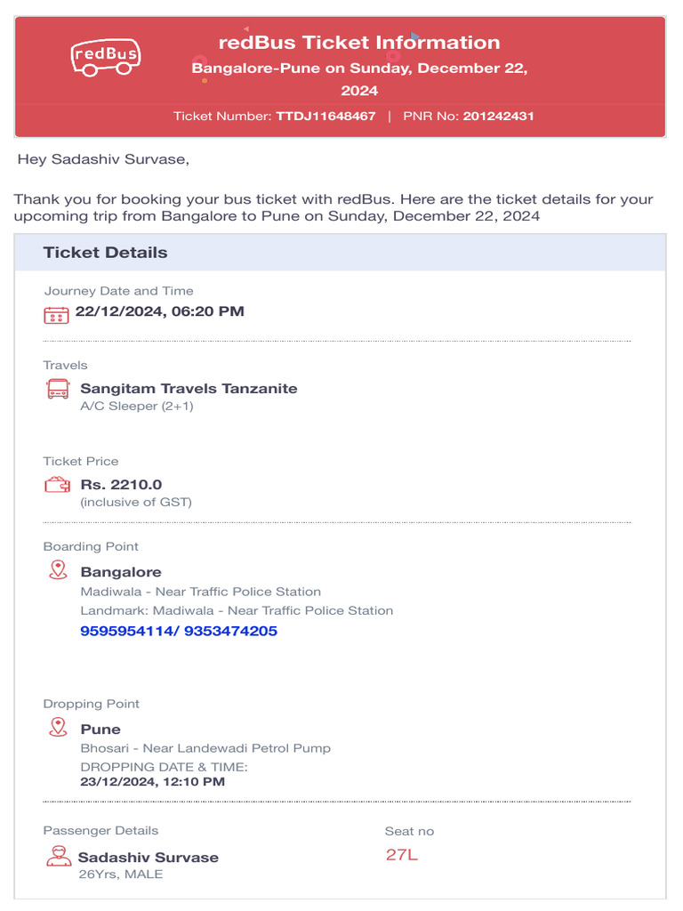 Redbus Ticket Information | PDF | Bus