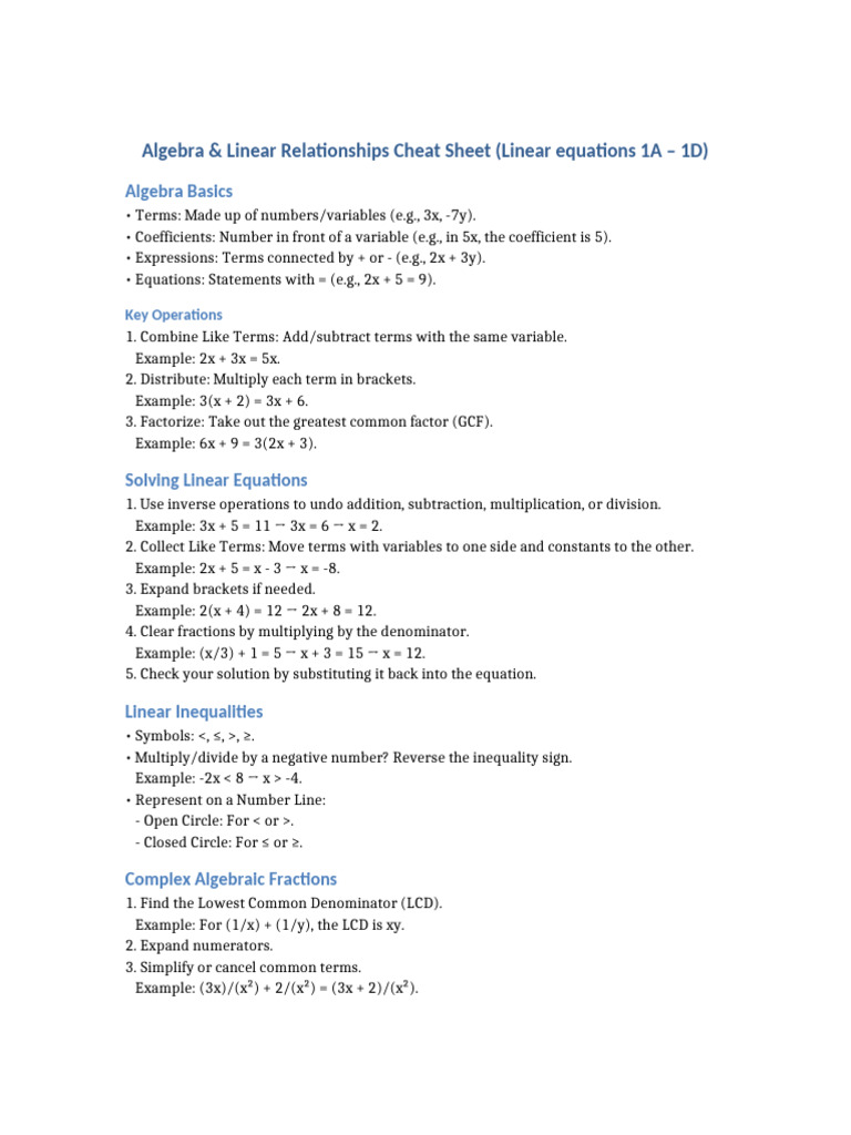 Algebra Linear Relationships Cheat Sheet | PDF