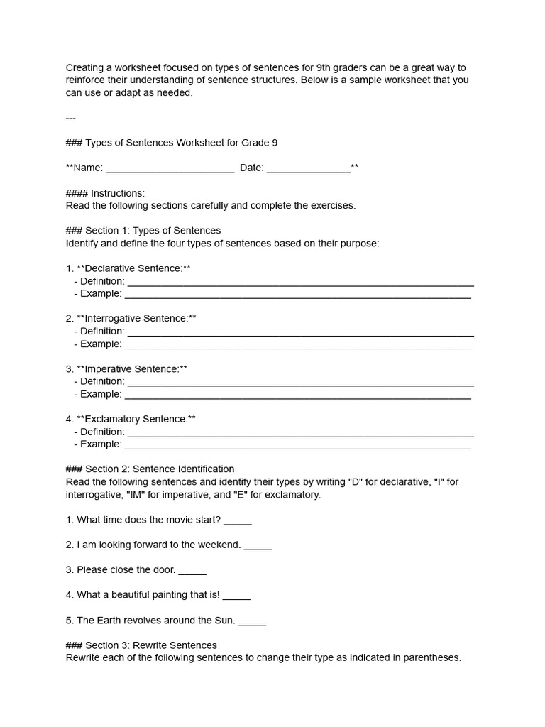 Types of Sentences Worksheet for Grade 9 | PDF | Sentence (Linguistics ...
