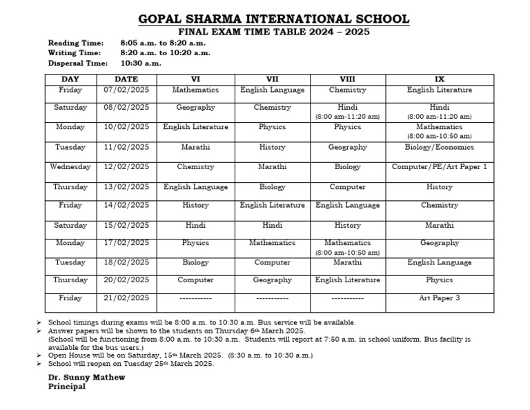 Final Exam Timetable 2024-25 (Std. VI-IX) | PDF
