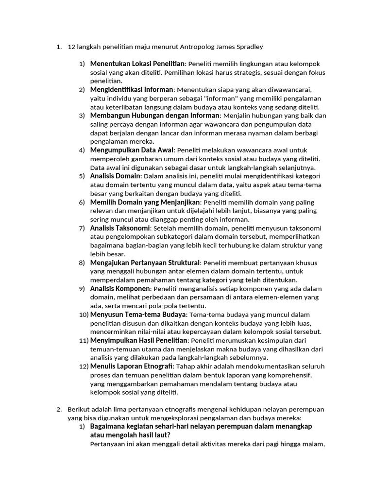 12 Langkah Penelitian Maju Menurut Antropolog James Spradley | PDF