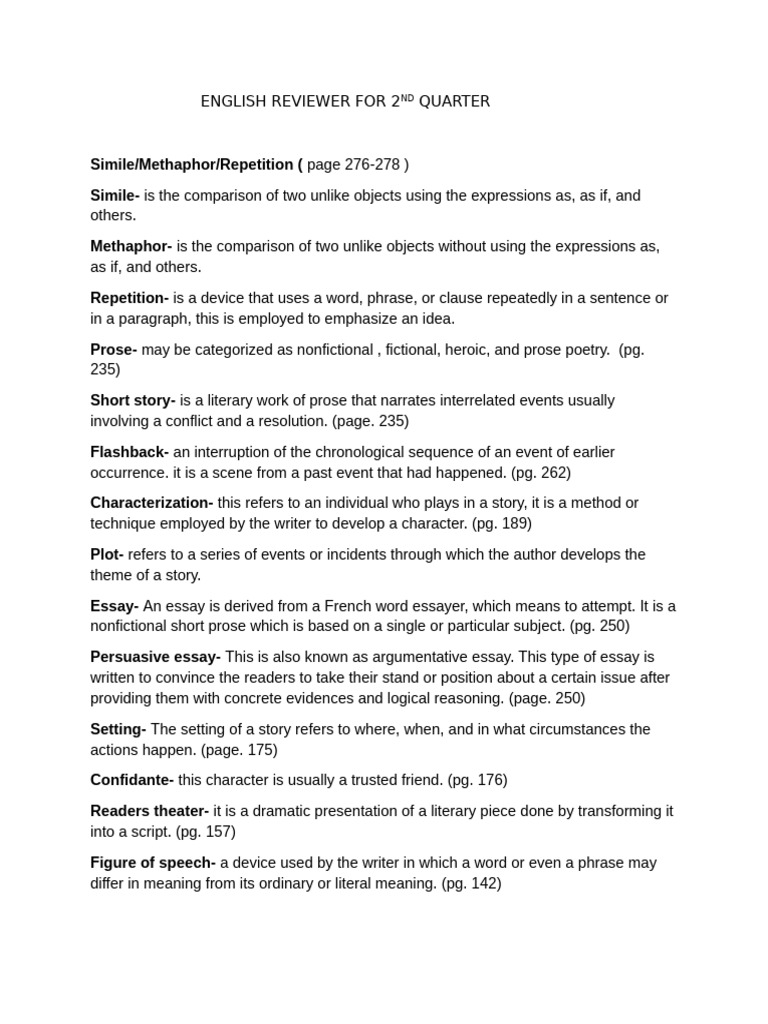 English Reviewer For 2nd Quarter | PDF | Essays | Verb