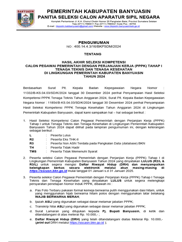 Pengumuman Hasil Seleksi Kompetensi PPPK Tahap I Tenaga Teknis Dan Tenaga Kesehatan 2024 | PDF