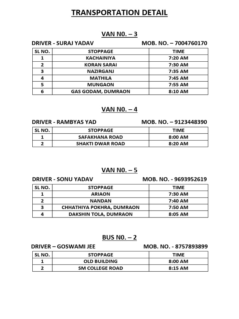 Transportation Schedule and Drivers | PDF