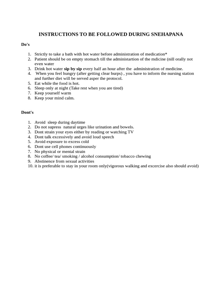 Snehapana Guidelines: Avoid Daytime Sleep | PDF