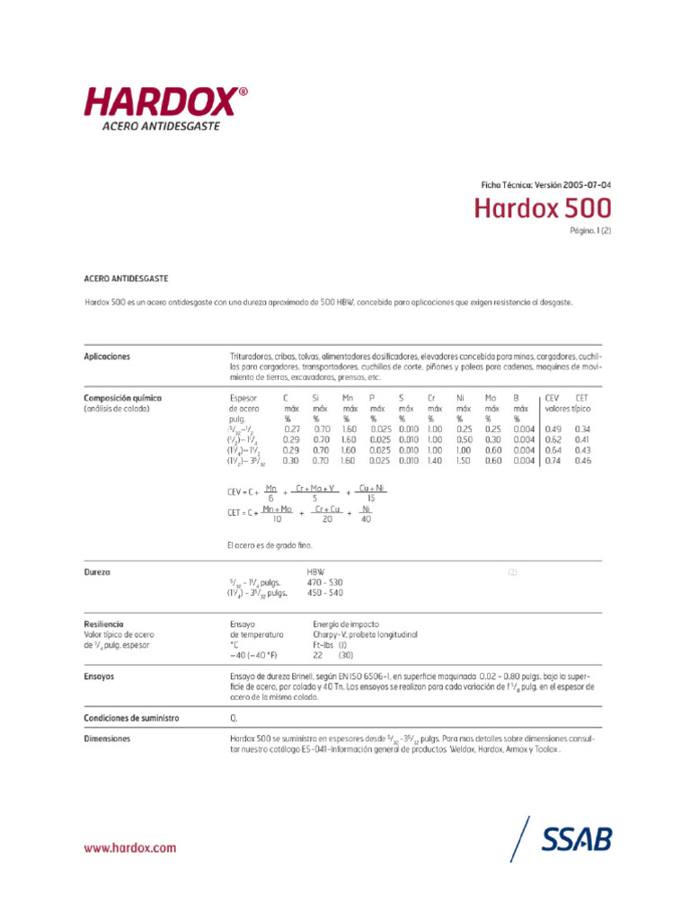 Hardox 500 Ficha Técnica | PDF