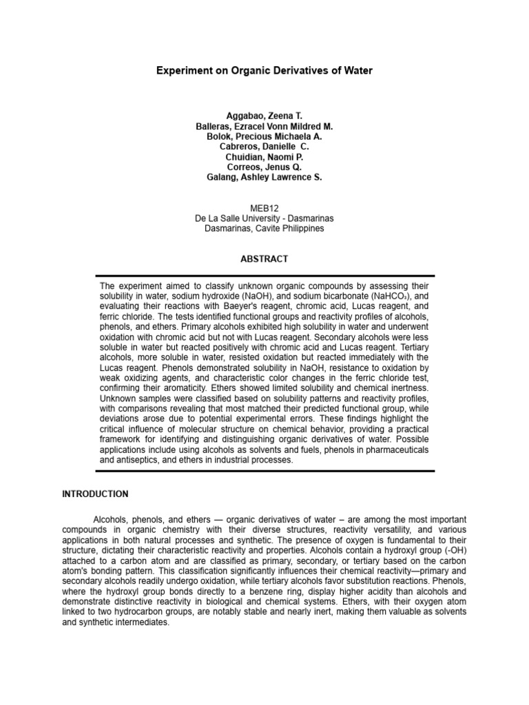 Identifying Organic Water Derivatives | PDF | Ether | Hydroxide