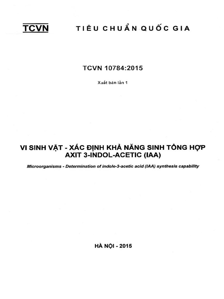 TCVN - QCVN 10784 - 2015 Vi sinh vật - Xác định khả năng sinh tổng hợp Indol acetic acid (IAA) | PDF
