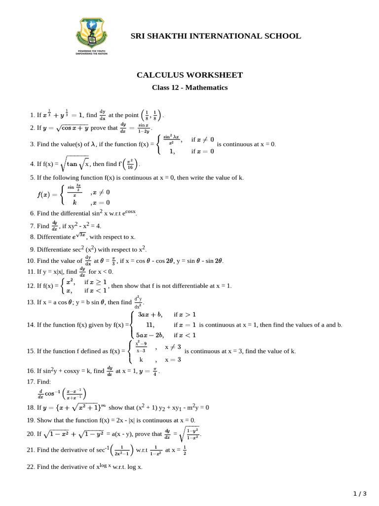 Question Testpaper Differentiation Worksheet Pdf Mathematics