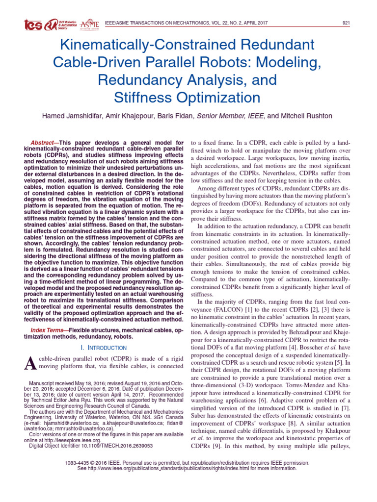 Kinematicly Constrained CDPR Max Stifnnes | PDF | Mechanics | Mechanical Engineering